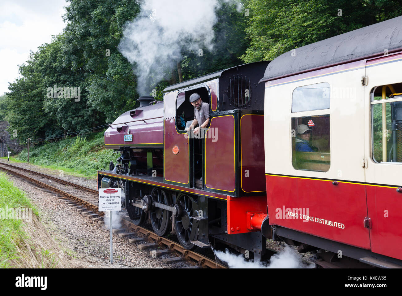 Victor, a preserved steam locomotive, departs Newby Bridge Halt. The ...