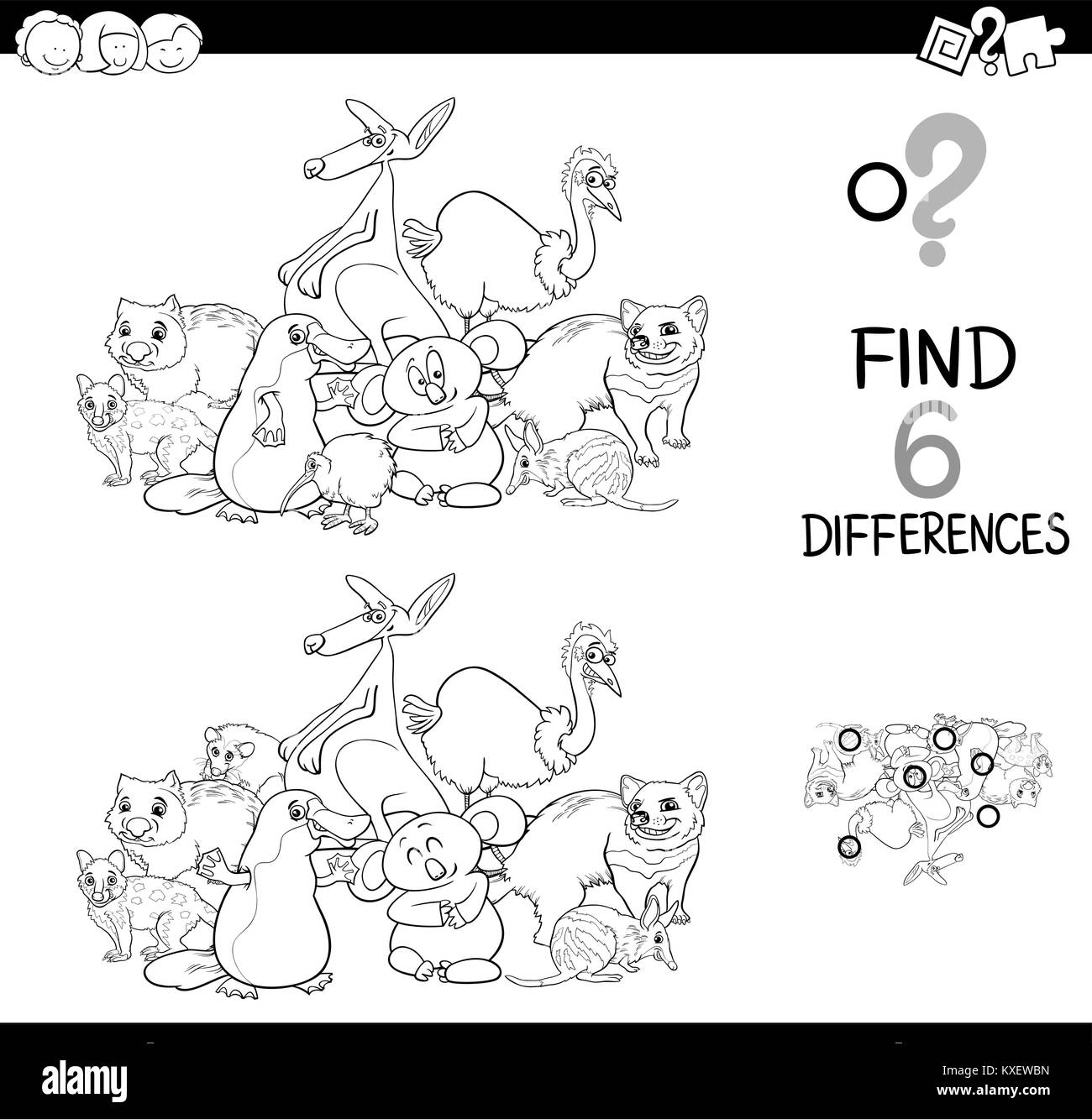 Black and White Cartoon Illustration of Finding Six Differences Between ...