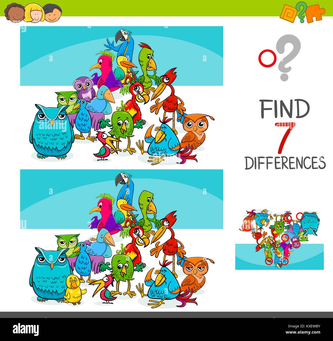 Cartoon Illustration of Finding Seven Differences Between Pictures Educational Activity Game for ...