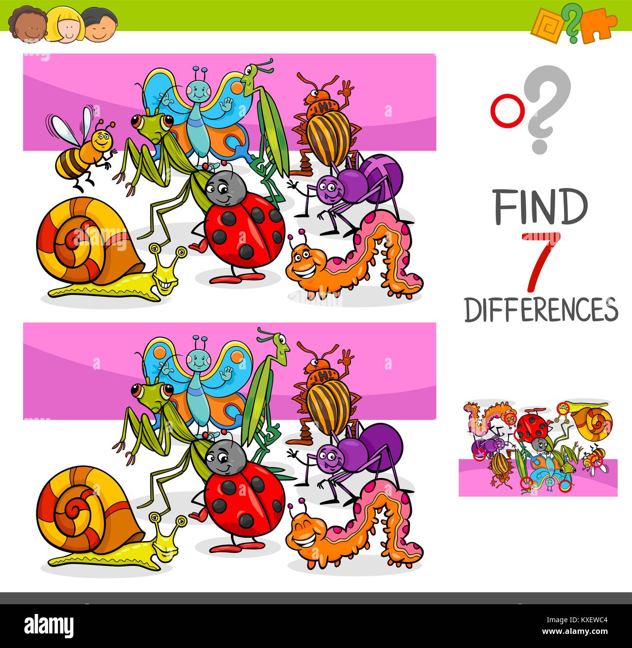Cartoon Illustration of Finding Seven Differences Between Pictures Educational Activity Game for ...