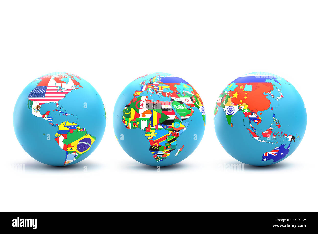 3D rendering of three World globes with continents and their countries ...