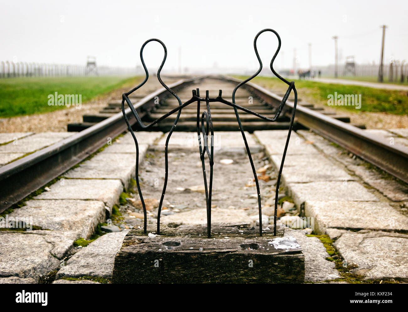 Wire statue at the end of railways in Auschwitz concentration camp ...