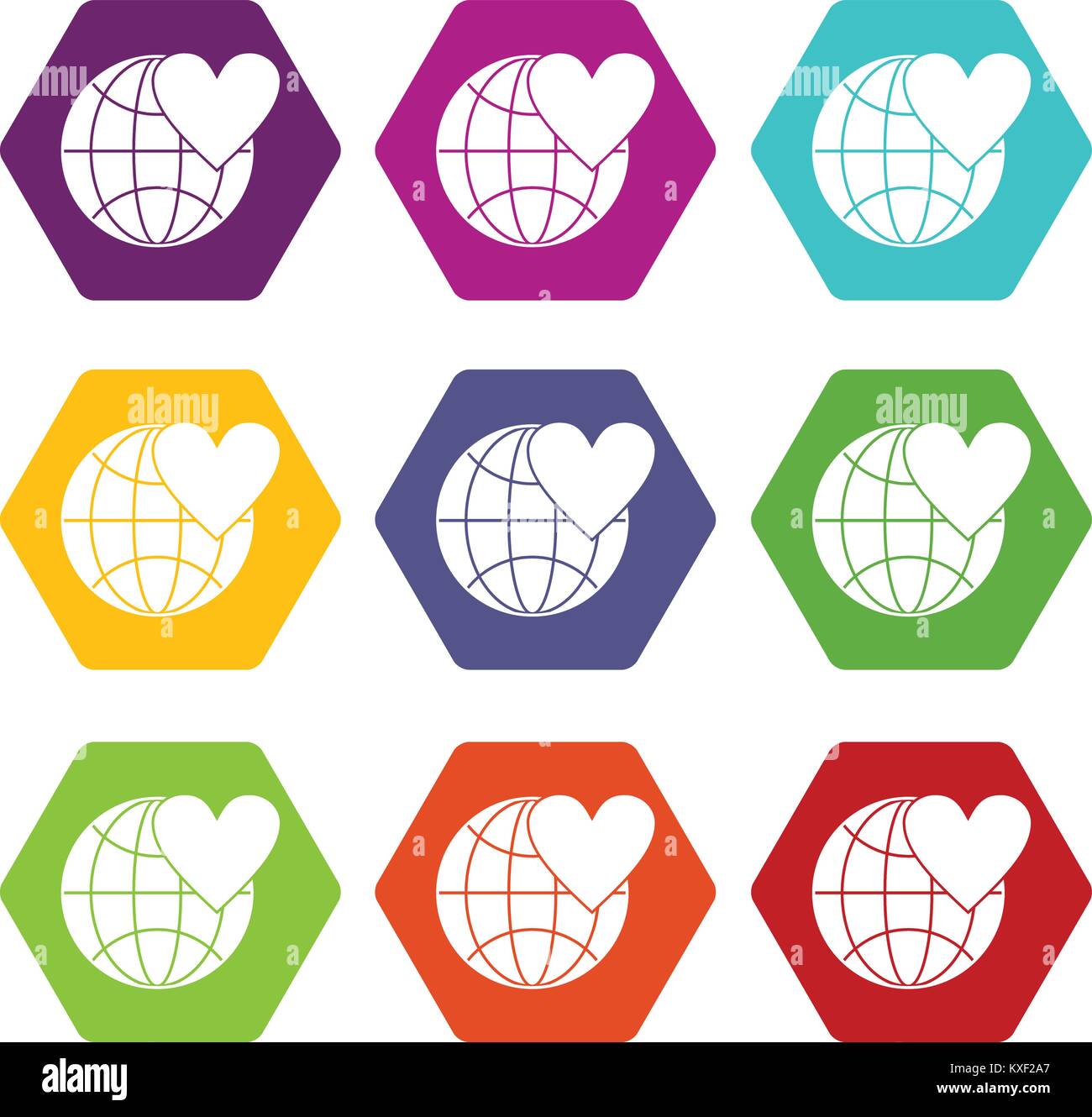 Earth world globe with heart icon set color hexahedron Stock Vector ...