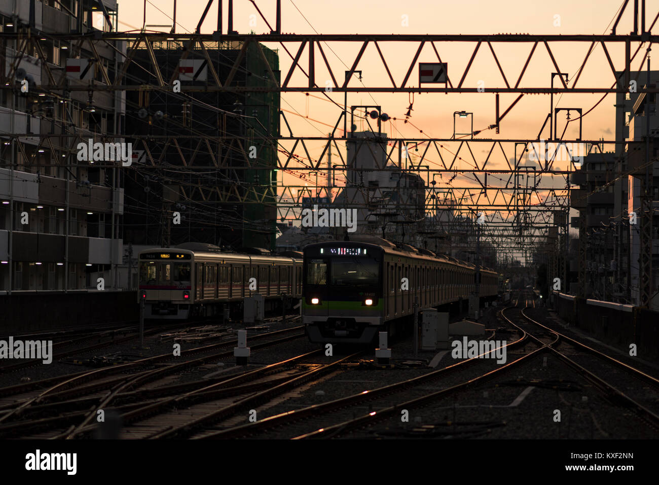 Keio Line at dusk, view from Sasazuka Station,toward Daitabashi Station ...
