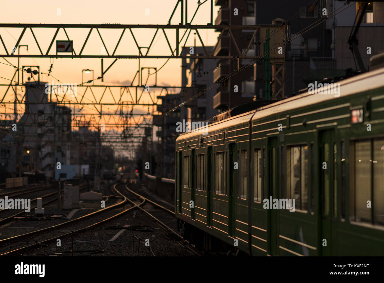 Keio Line at dusk, view from Sasazuka Station,toward Daitabashi Station ...