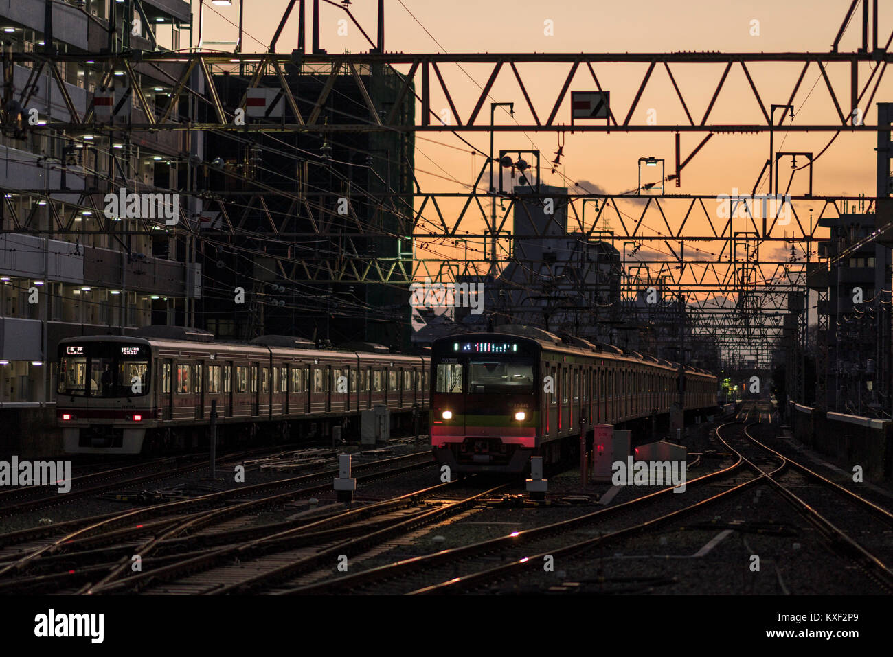 Keio Line at dusk, view from Sasazuka Station,toward Daitabashi Station ...