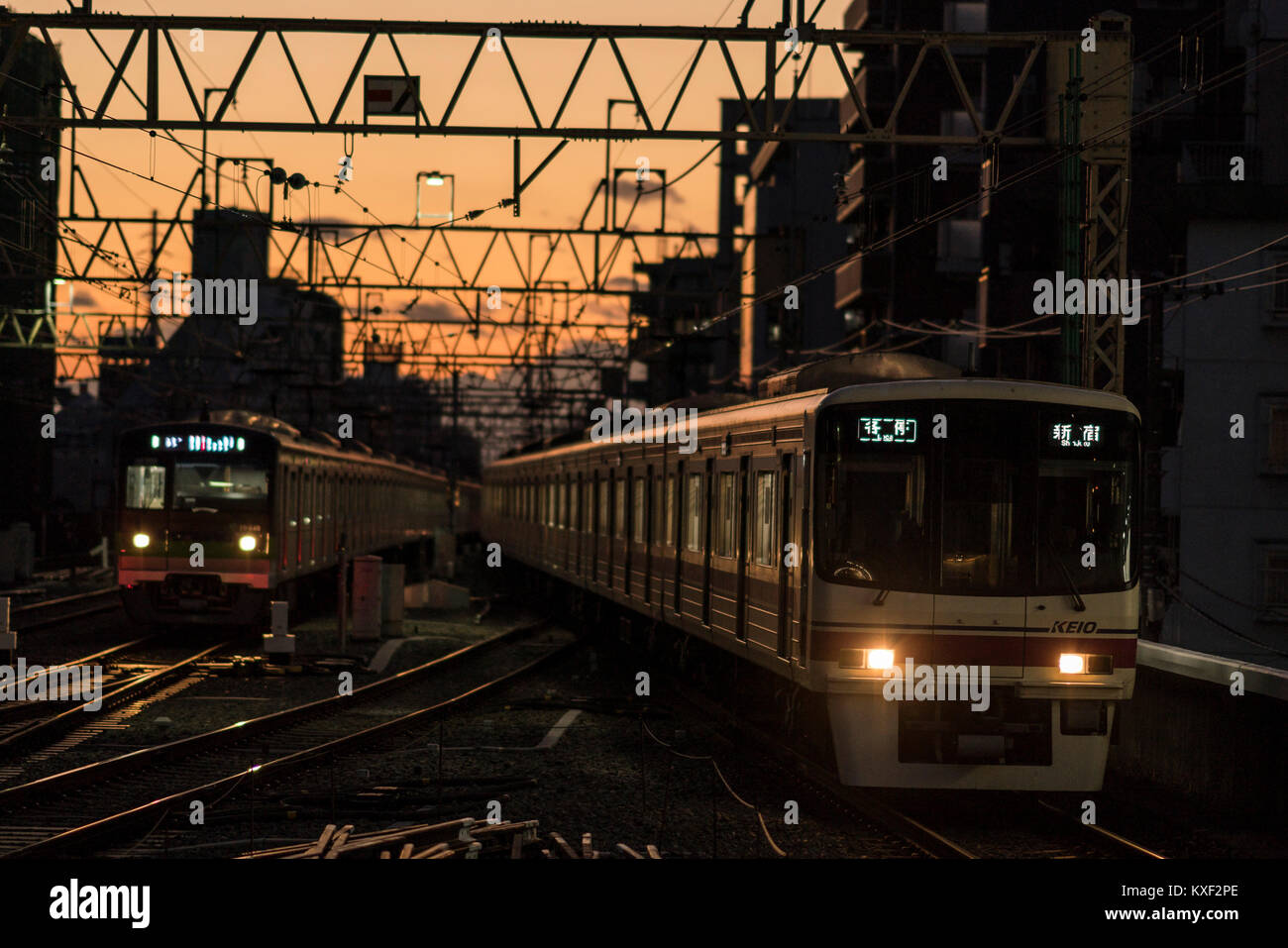 Keio Line at dusk, view from Sasazuka Station,toward Daitabashi Station ...