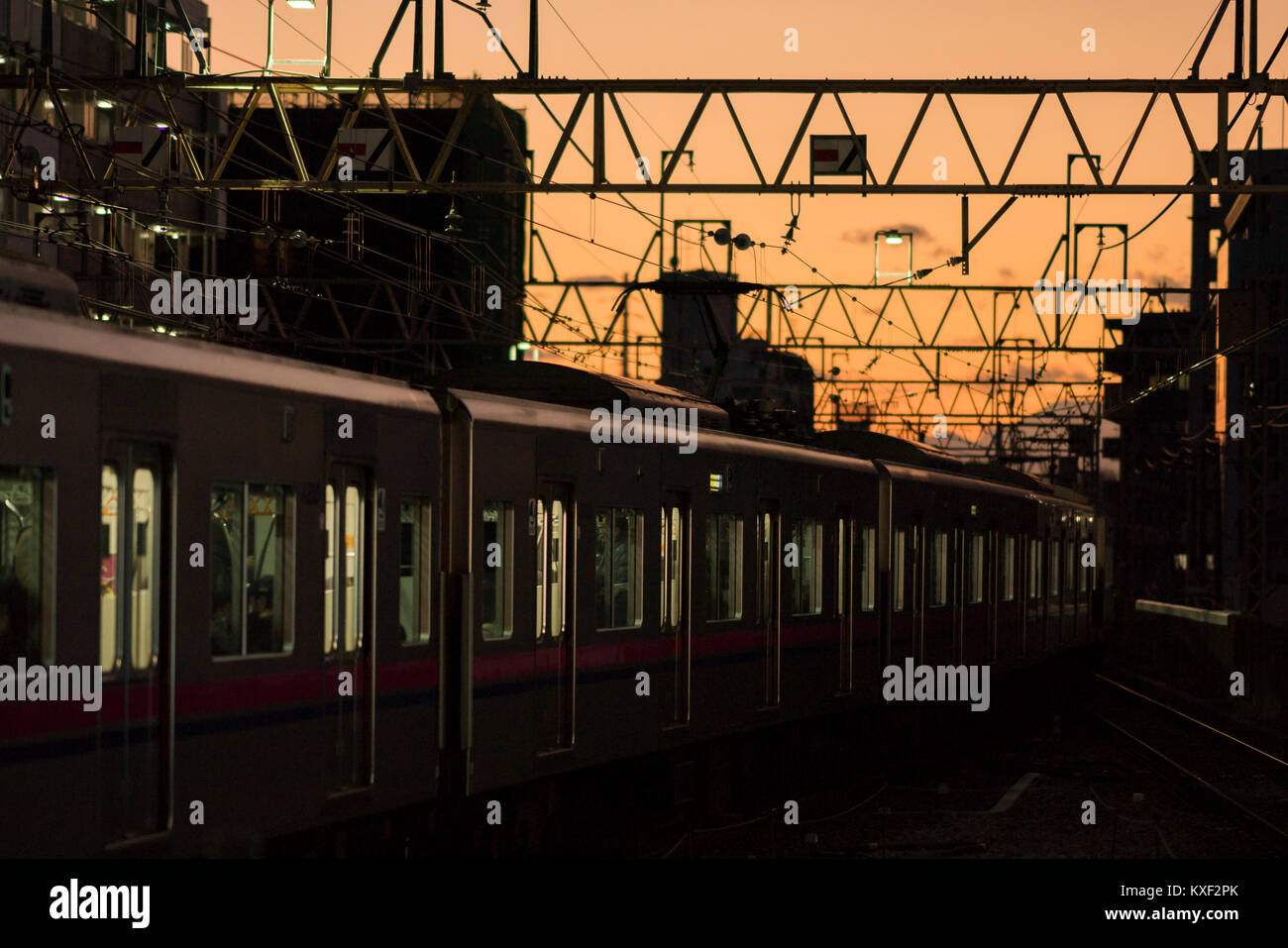 Keio Line at dusk, view from Sasazuka Station,toward Daitabashi Station ...