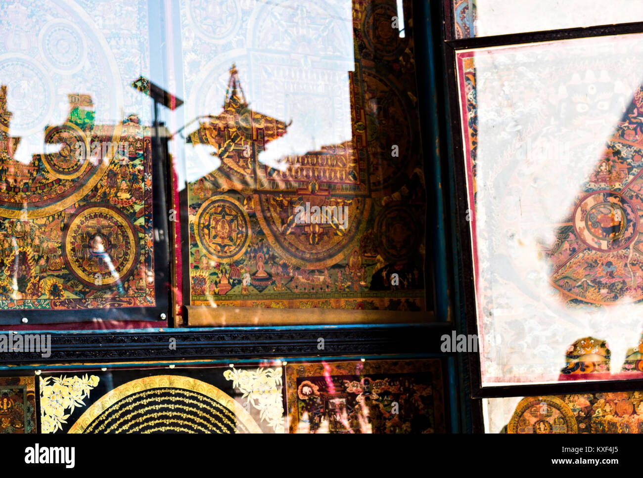 reflection of a temple in Basantapur durbar square into a thanka art ...