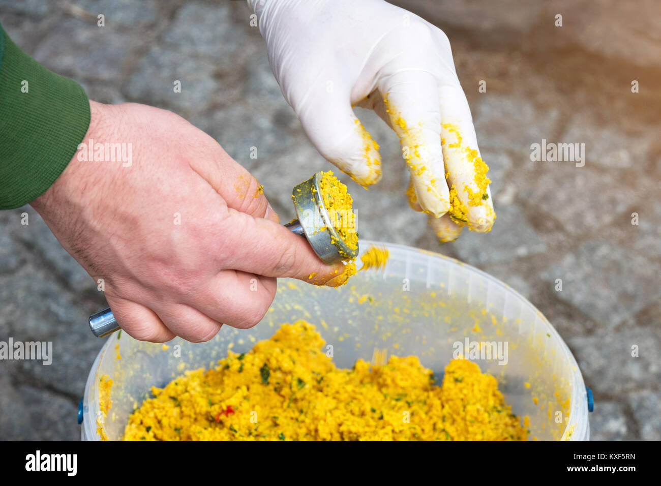 Male hands preparing falafel from chickpeas. Street food. Open kitchen ...