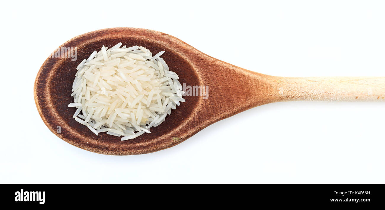 Raw basmati rice in a wooden spoon on white background Stock Photo - Alamy