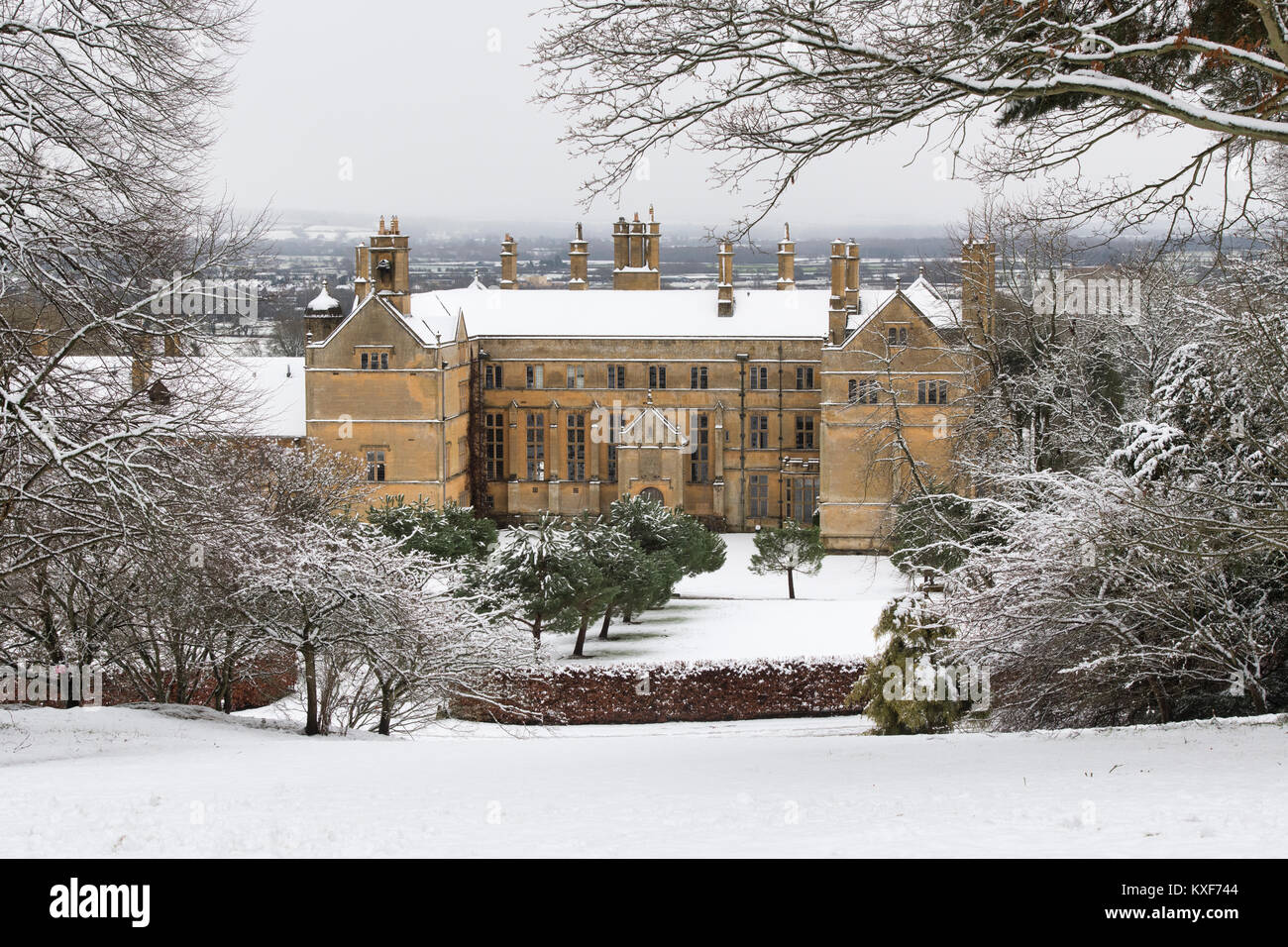 Batsford house in the snow in December at Batsford Arboretum, Cotswolds ...