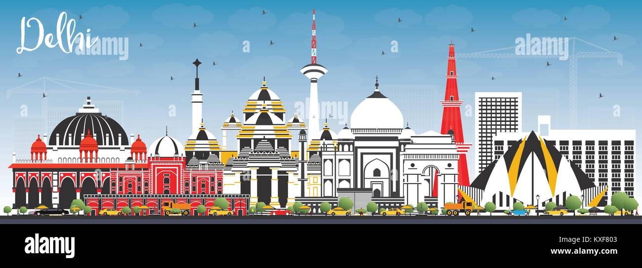 Delhi India City Skyline with Color Buildings and Blue Sky. Vector ...