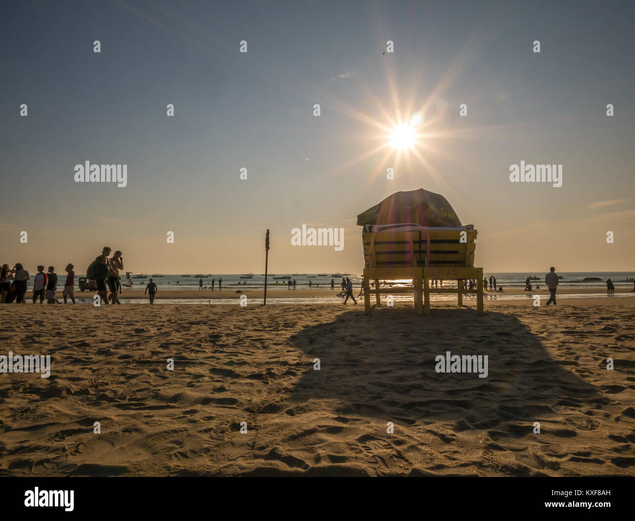 Goa, India - December, 21 2017 : Beach bed with umbrella with sun ...