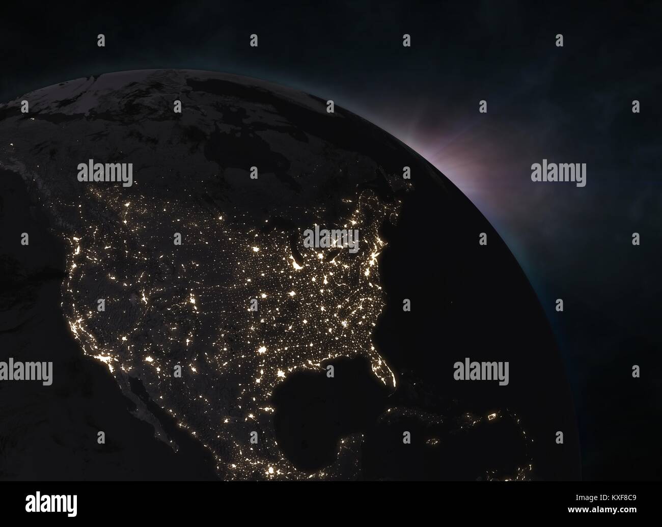 Planet Earth with sunrise in space - North America Stock Photo - Alamy