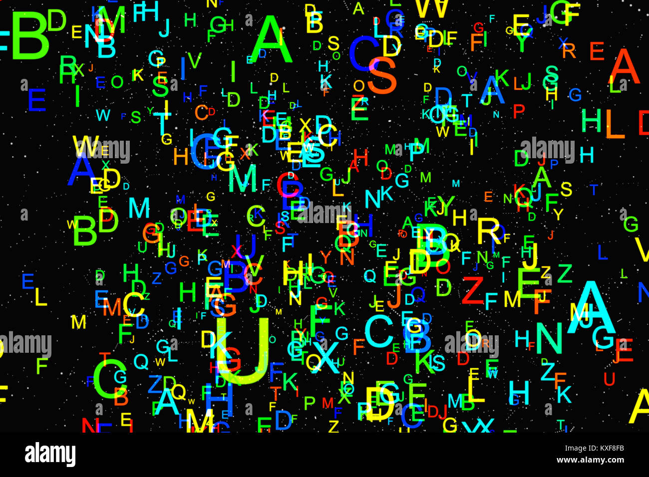 Abstract colorful alphabet fly on black background Stock Photo - Alamy