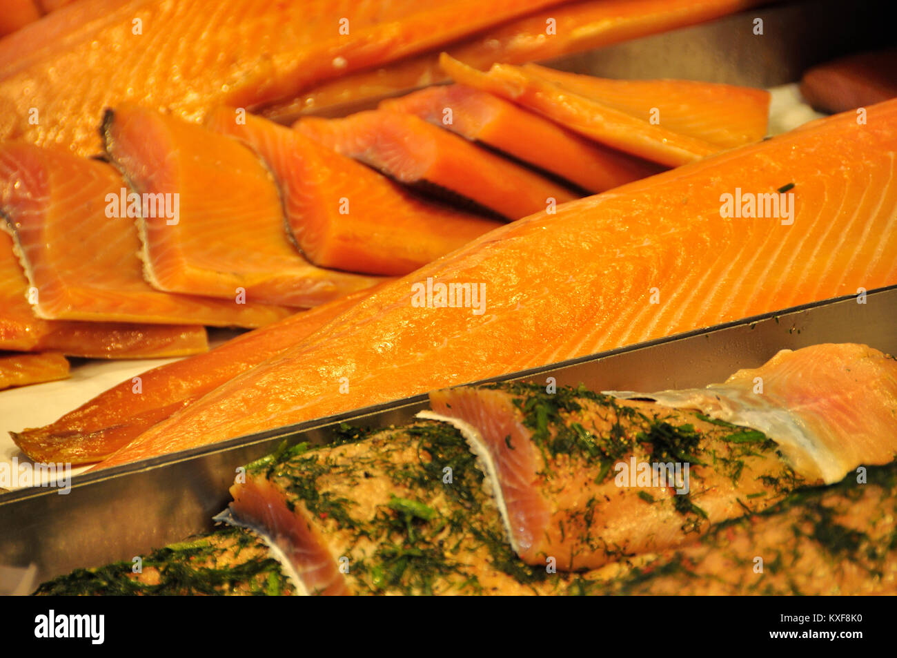 Norwegian salmon at the fish market of Bergen Norway Stock Photo - Alamy