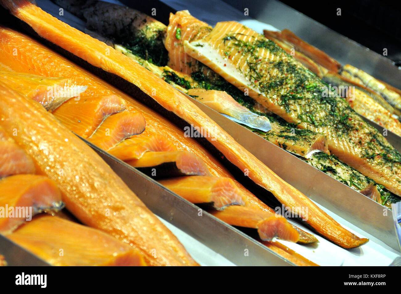 Norwegian salmon at the fish market of Bergen Norway Stock Photo - Alamy