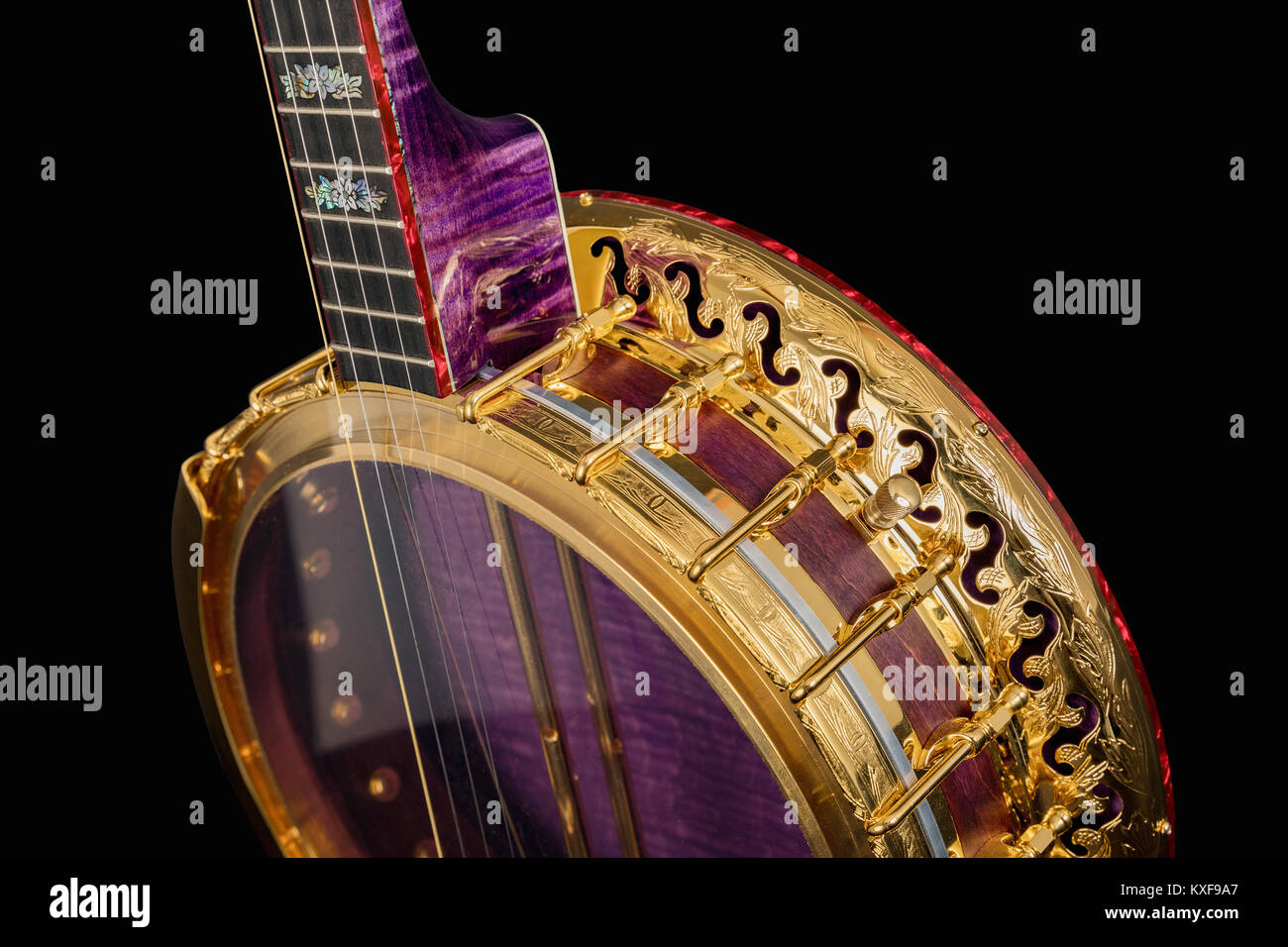 5-string banjos on black background. Carved wooden neck Benjo ...