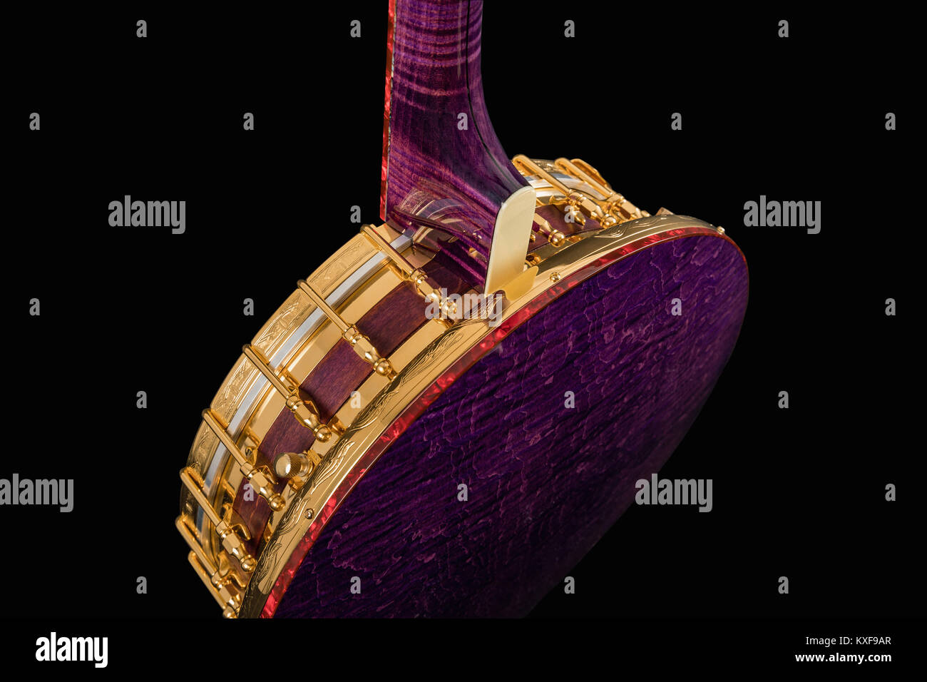 5-string banjos on black background. Carved wooden neck Benjo ...