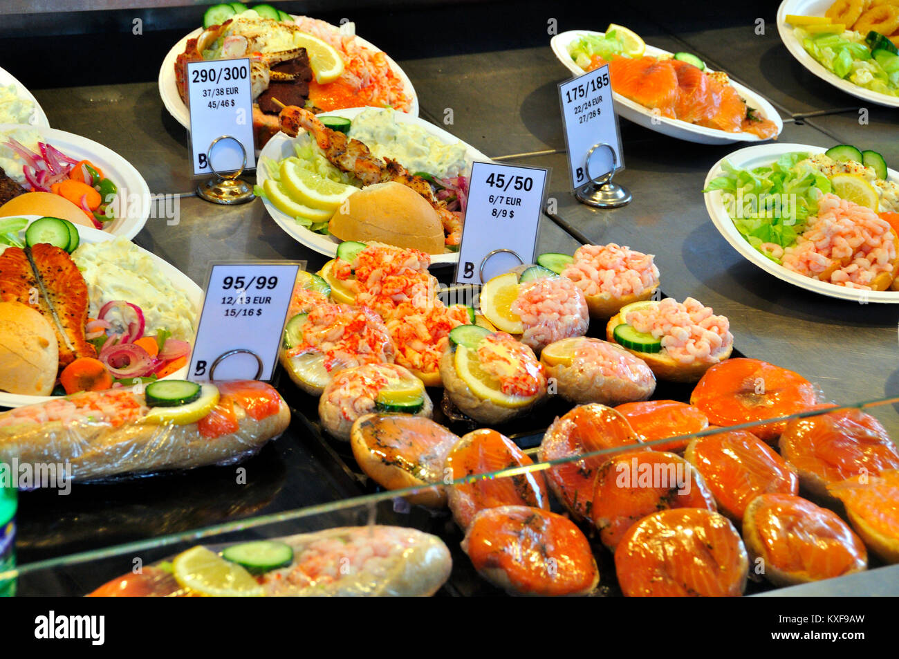 Fish and seafood at the famous fish market in Bergen Norway Stock Photo ...