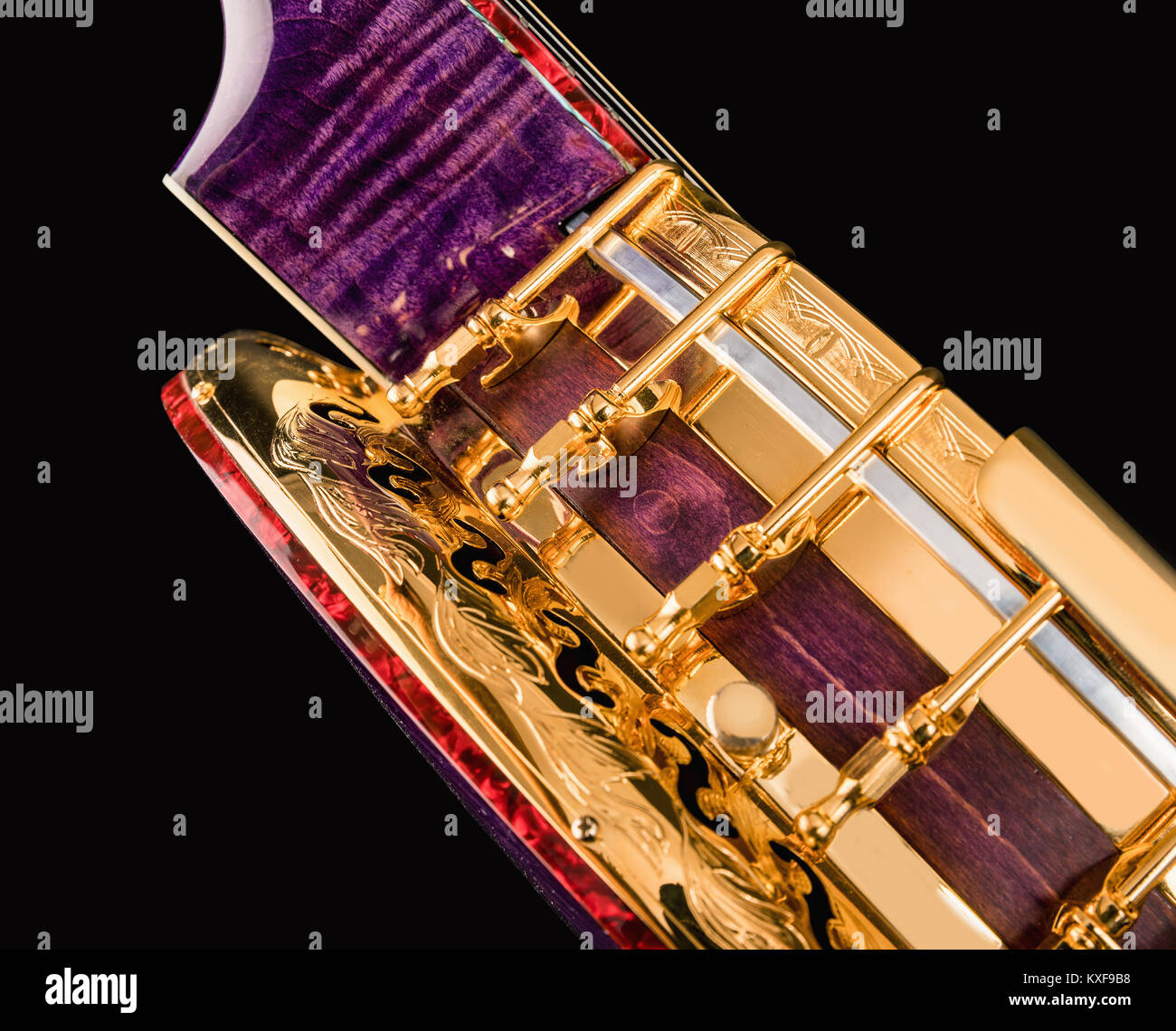 5-string banjos on black background. Carved wooden neck Benjo ...