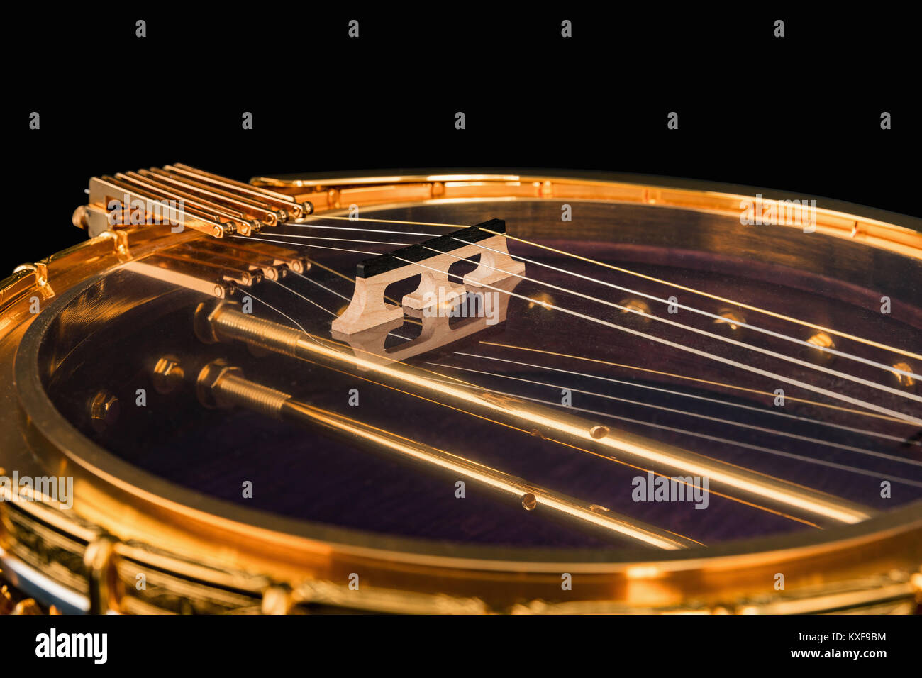 5-string banjos on black background. Carved wooden neck Benjo ...