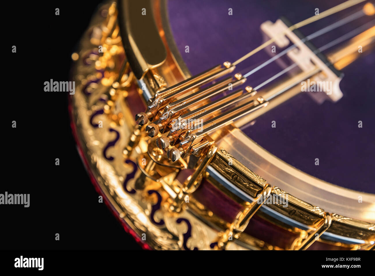 5-string banjos on black background. Carved wooden neck Benjo ...