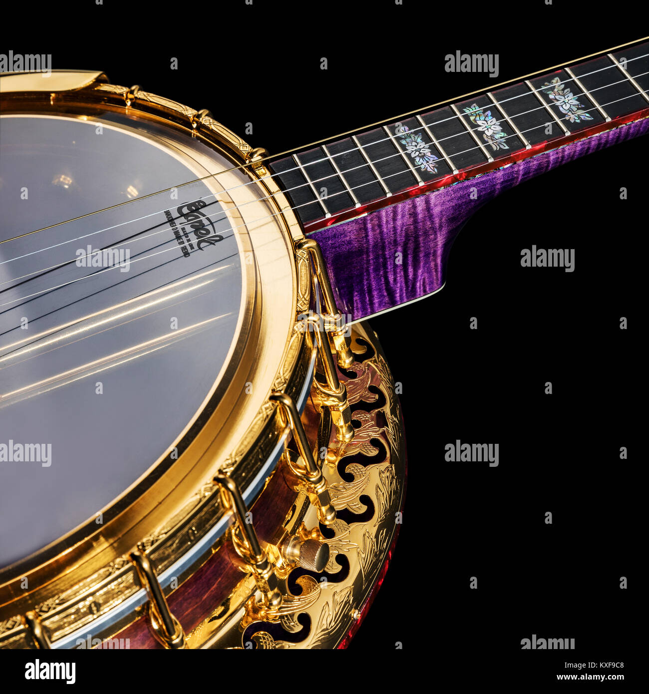 5-string banjos on black background. Carved wooden neck Benjo ...