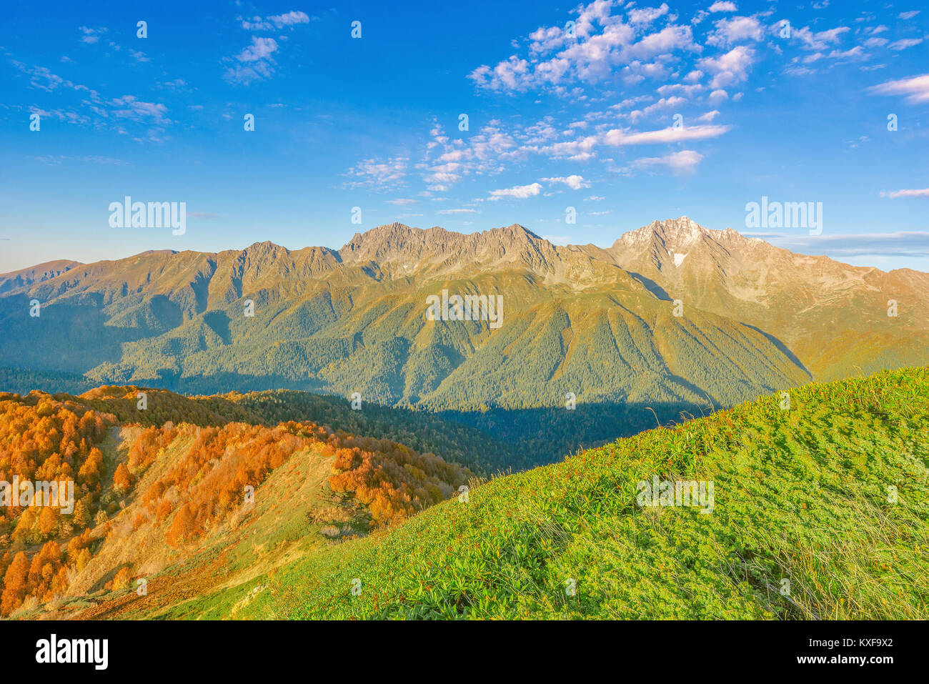 Sunset view of Mount Chugush. Caucasus Mountains, Sochi region. Russia ...