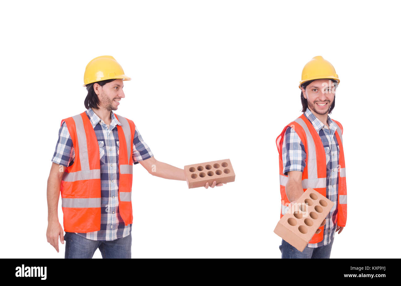 Young bricklayer with brick isolated on white Stock Photo - Alamy