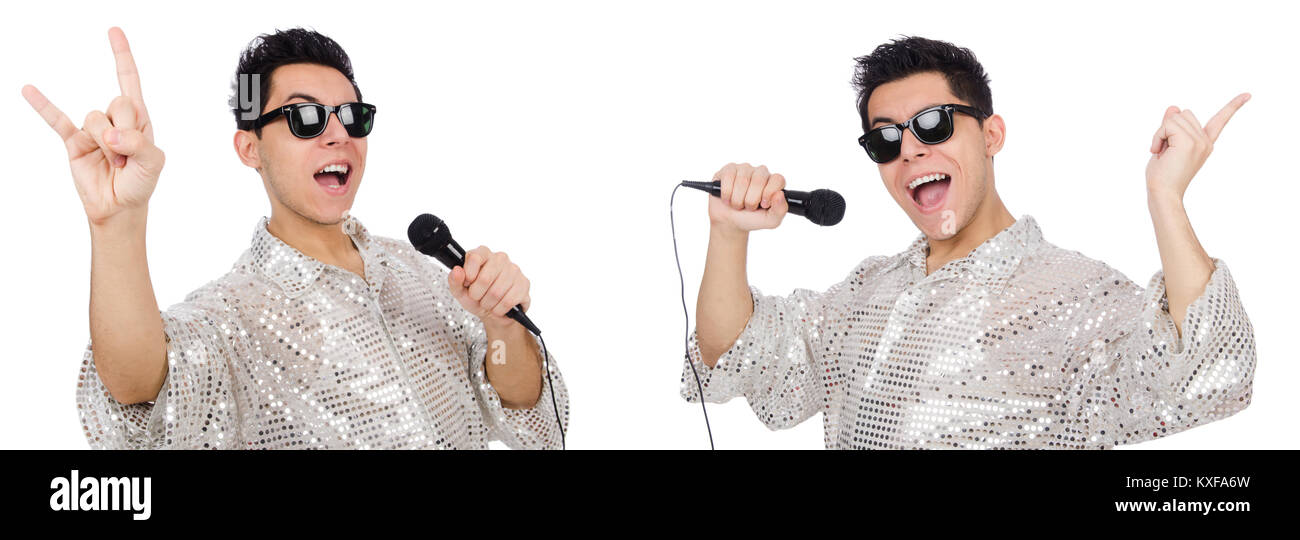 Man with mic isolated on white Stock Photo - Alamy