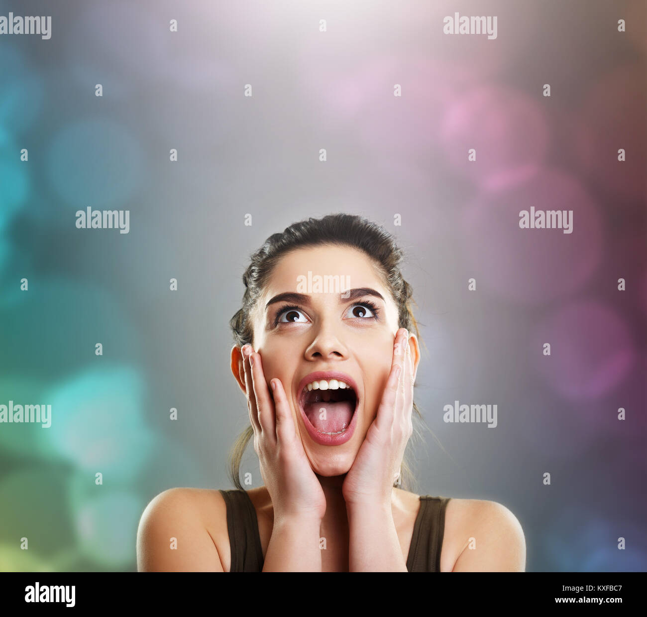 Happy excited young woman. Promotion gift concept Stock Photo - Alamy