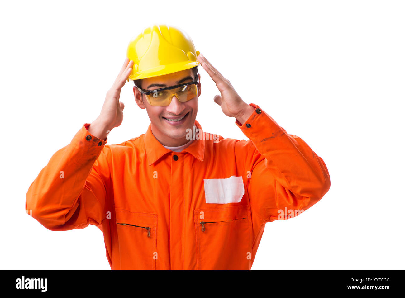 Construction worker wearing hard hat isolated on white Stock Photo - Alamy