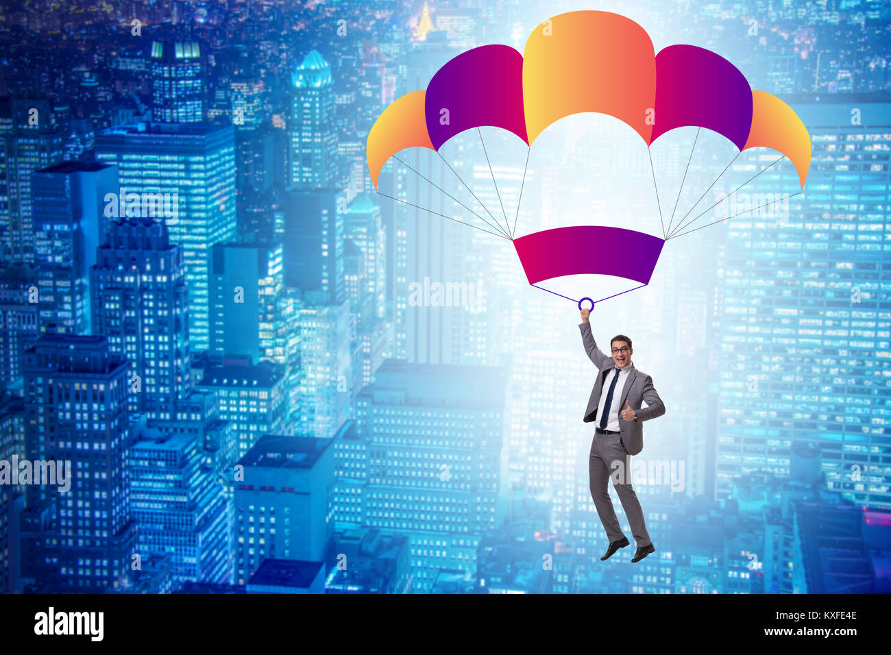 Young businessman falling on parachute in business concept Stock Photo ...