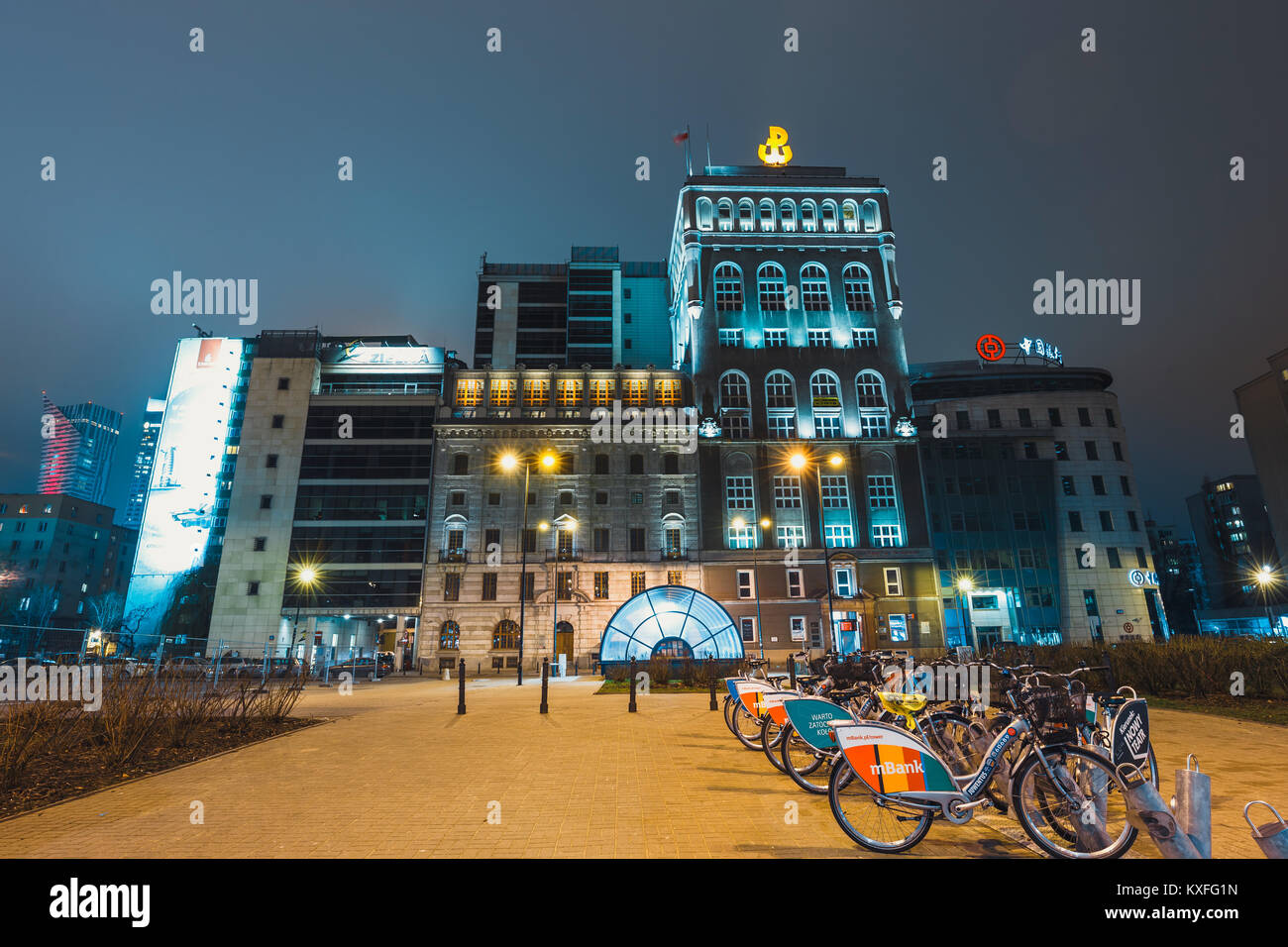 Warsaw, Poland, March 12, 2016: Night view of downtown with the PAST ...