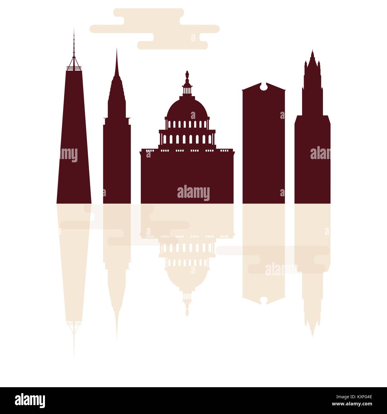 Silhouettes of famous buildings and modern buildings in the USA. Tall ...