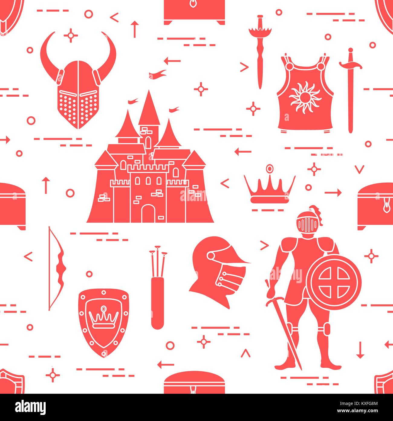 Seamless pattern with knight, castle, shields, swords, cuirass, helmet ...