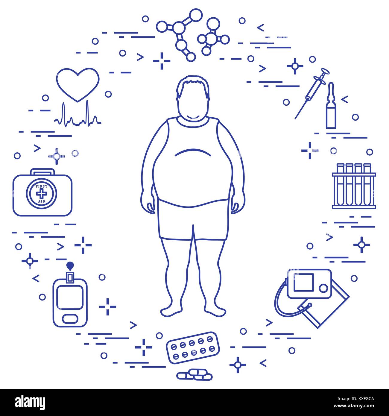 Fat man with medical devices, tools and drugs around him. Health and ...