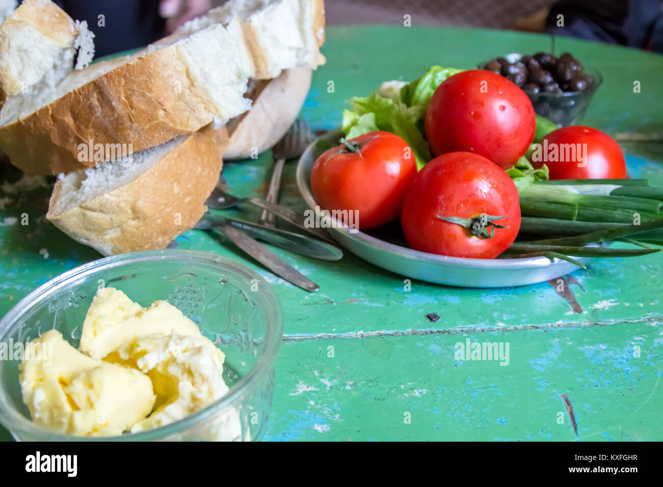 Traditional Turkish Village breakfast table with bread,tomatoes,olive ...
