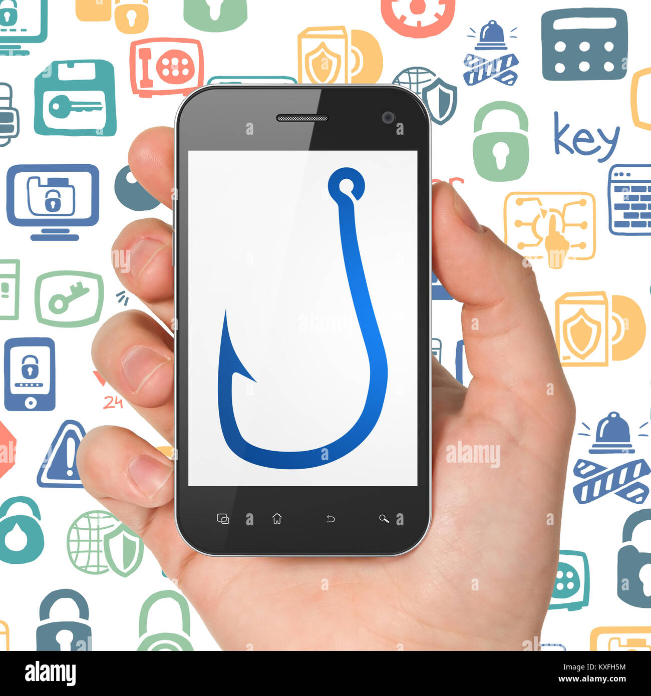 Safety concept: Hand Holding Smartphone with Fishing Hook on display ...