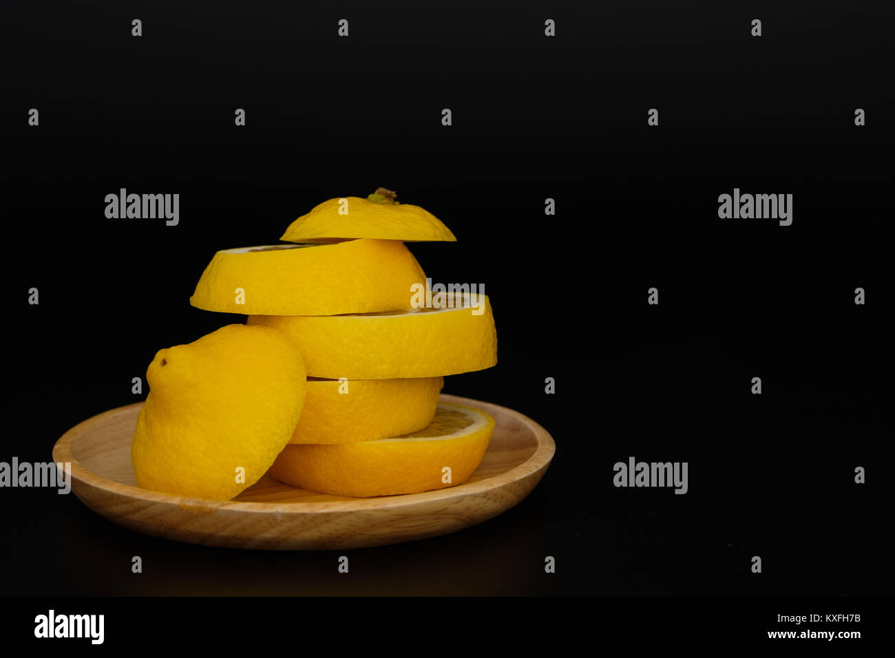Still life with lemons on black background, Choose focal point, dark ...