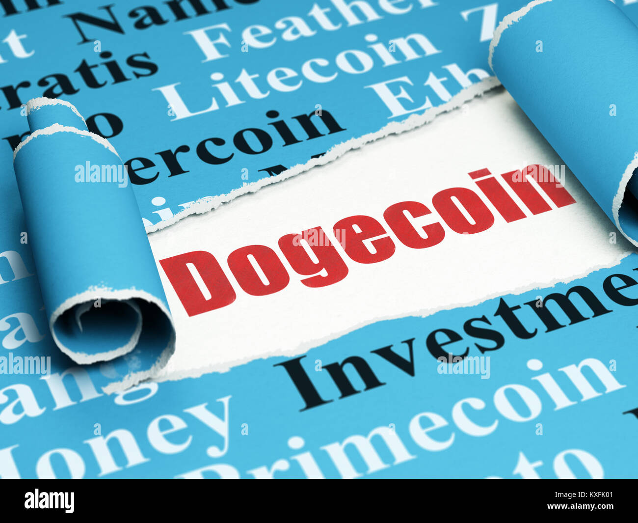 Cryptocurrency concept: red text Dogecoin under the piece of torn paper ...
