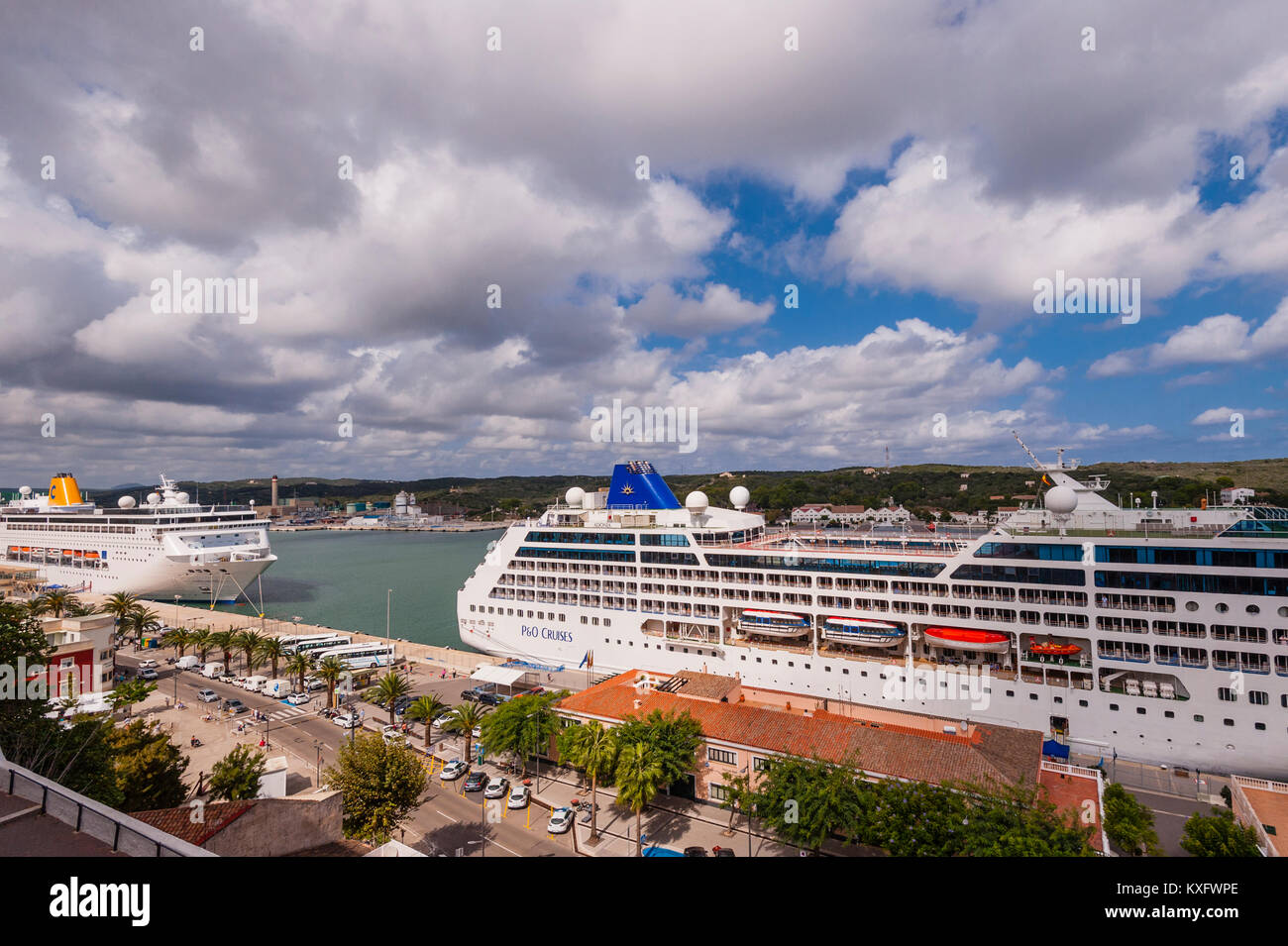 A P&O Cruises cruise ship at the port at Mahon , Menorca , Balearic ...