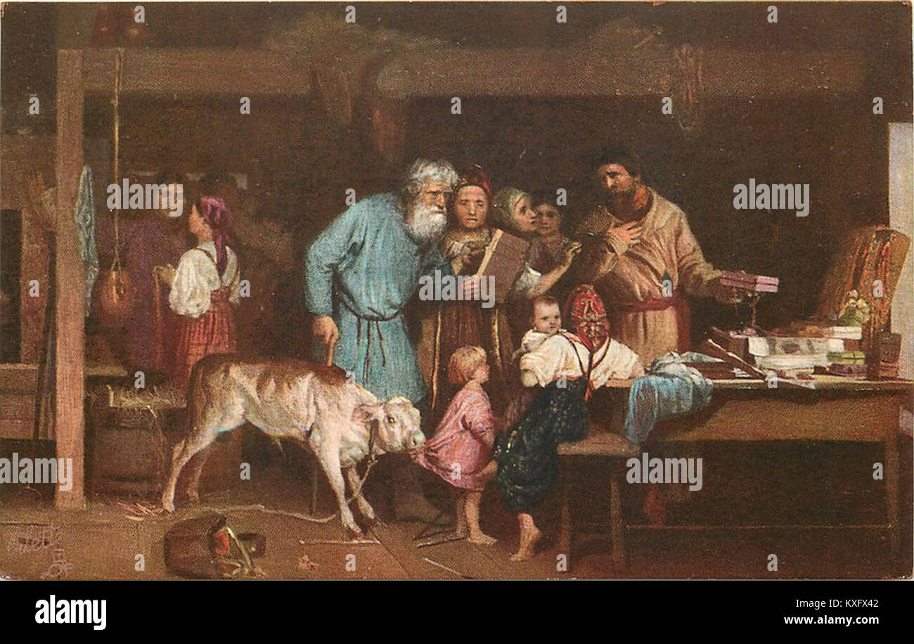 Depiction of an itinerant peddler, known as an ofenya, carrying a box ...
