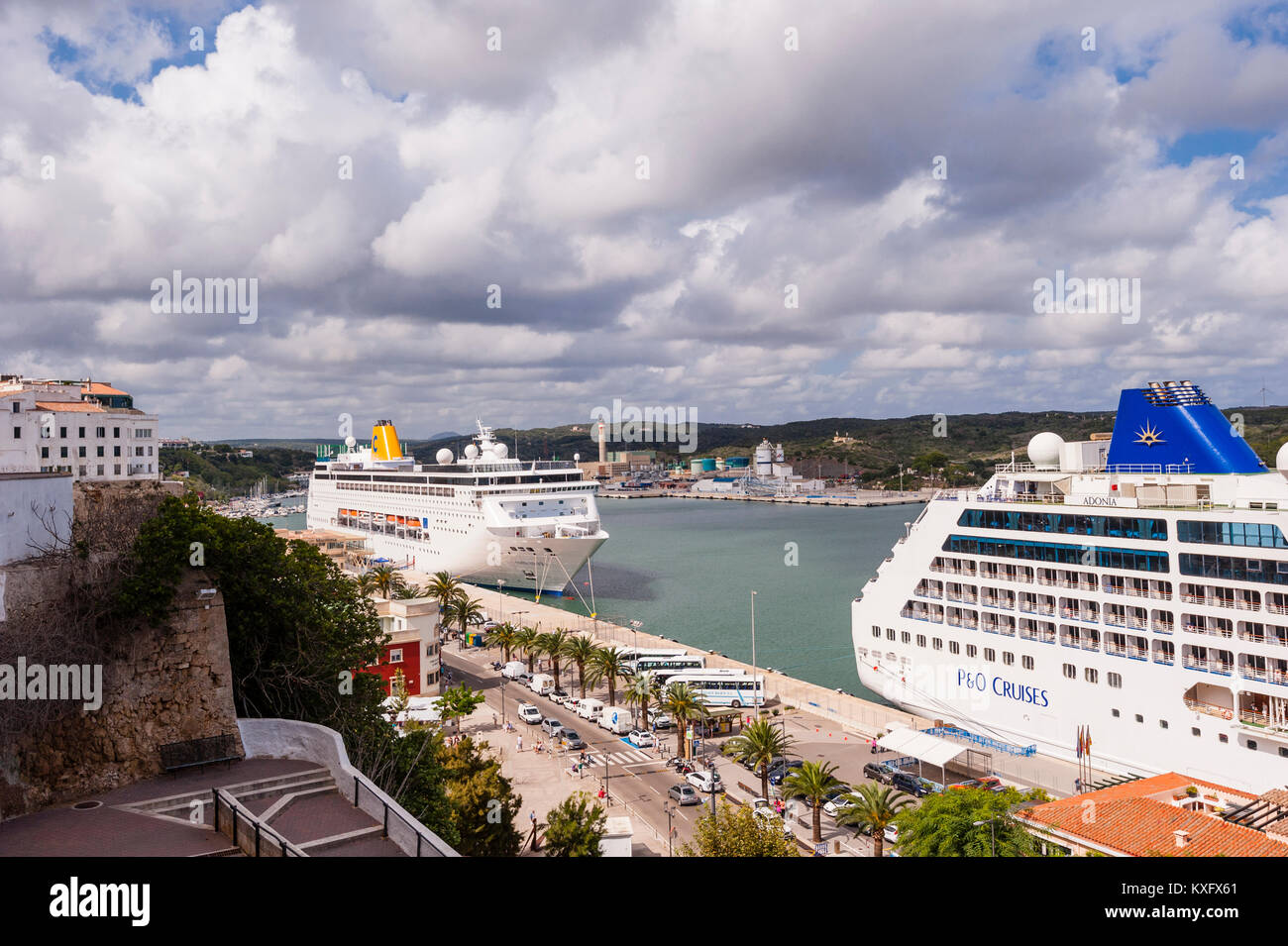 A P&O Cruises cruise ship at the port at Mahon , Menorca , Balearic ...