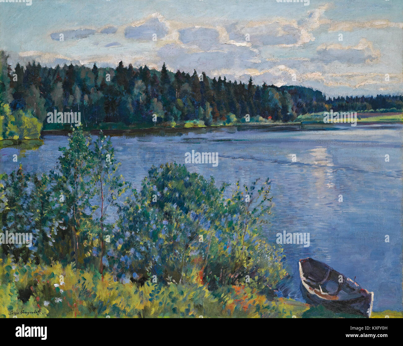 The painting 'Lake' by Sergey A. Vinogradov, a Russian artist, depicts ...