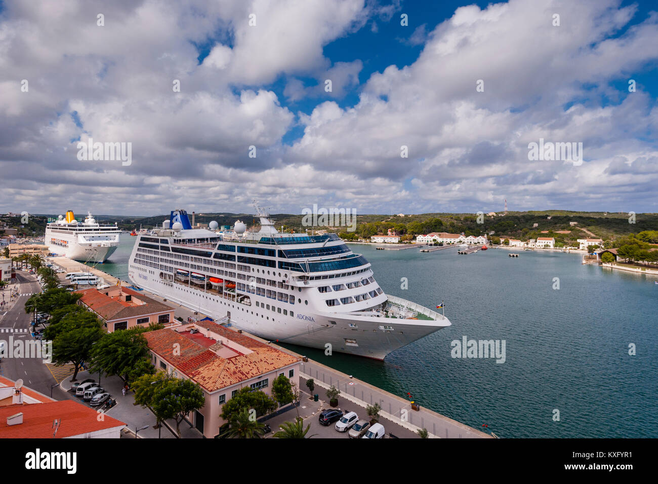 Cruise ships at the port at Mahon , Menorca , Balearic Islands , Spain ...