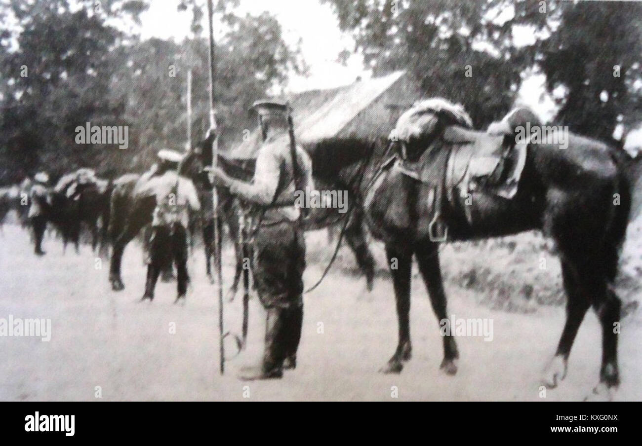 A historical photograph from the 1910s depicting Russian dragoons ...