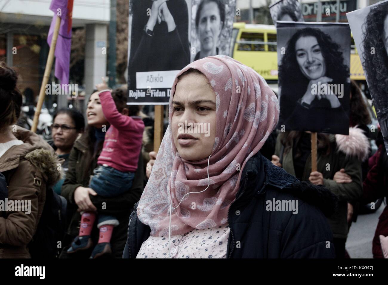 Athens, Greece. 9th Jan, 2018. A female demonstrator seen at the ...